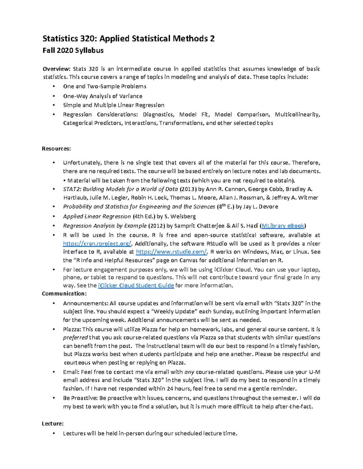 Syllabus for Introduction to statistical methods - Statistics 320 ...