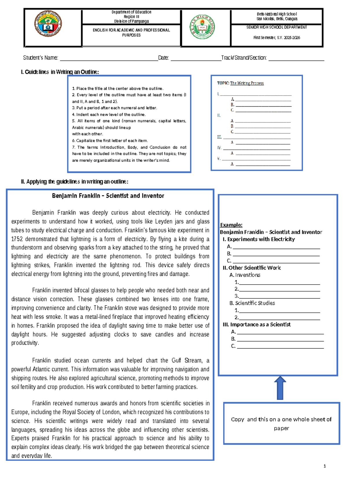 EAPP 101: Guidelines for Writing an Outline on Benjamin Franklin - Studocu