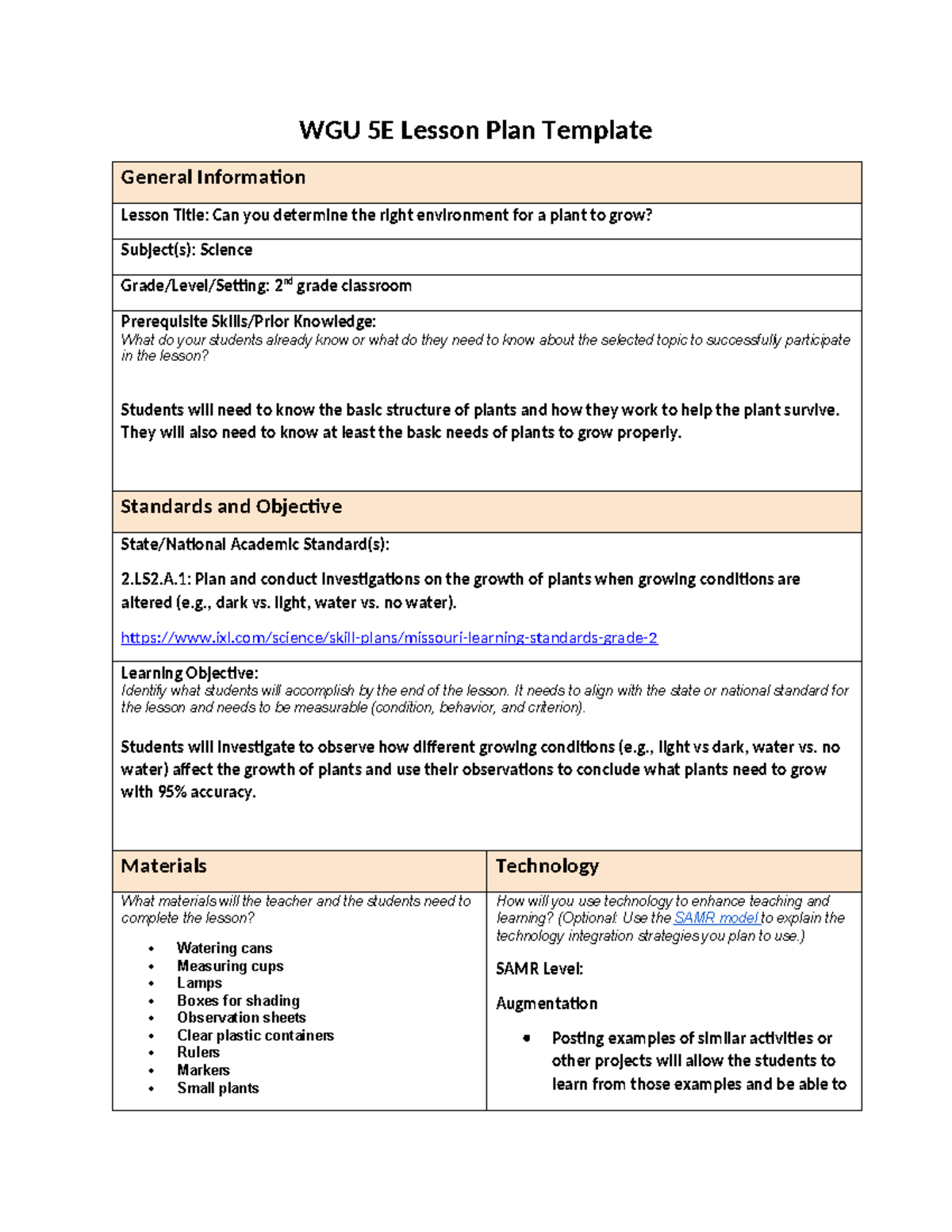 WGU 5E Lesson Plan: Investigating Plant Growth Conditions for 2nd Grade ...