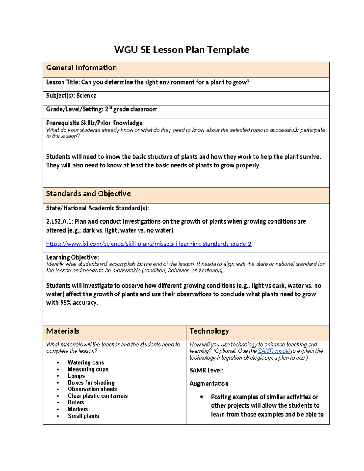 WGU 5E Lesson Plan: Exploring the Plant Life Cycle for 2nd Grade - Studocu