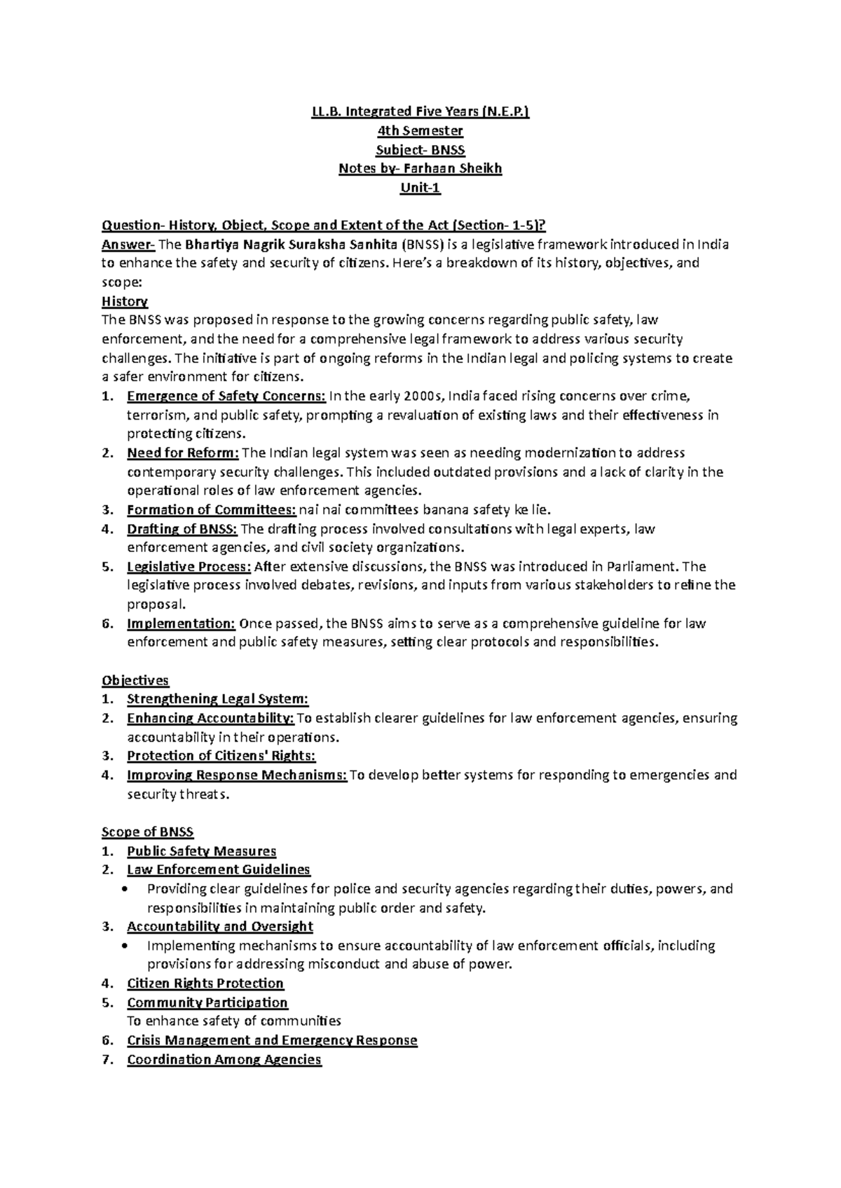 BNSS 4th Sem Notes: History, Objectives & Scope of the Act - Studocu
