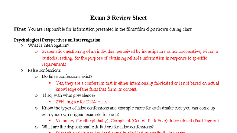 Exam Review Sheet: Interrogation Techniques & False Confessions - PSY ...