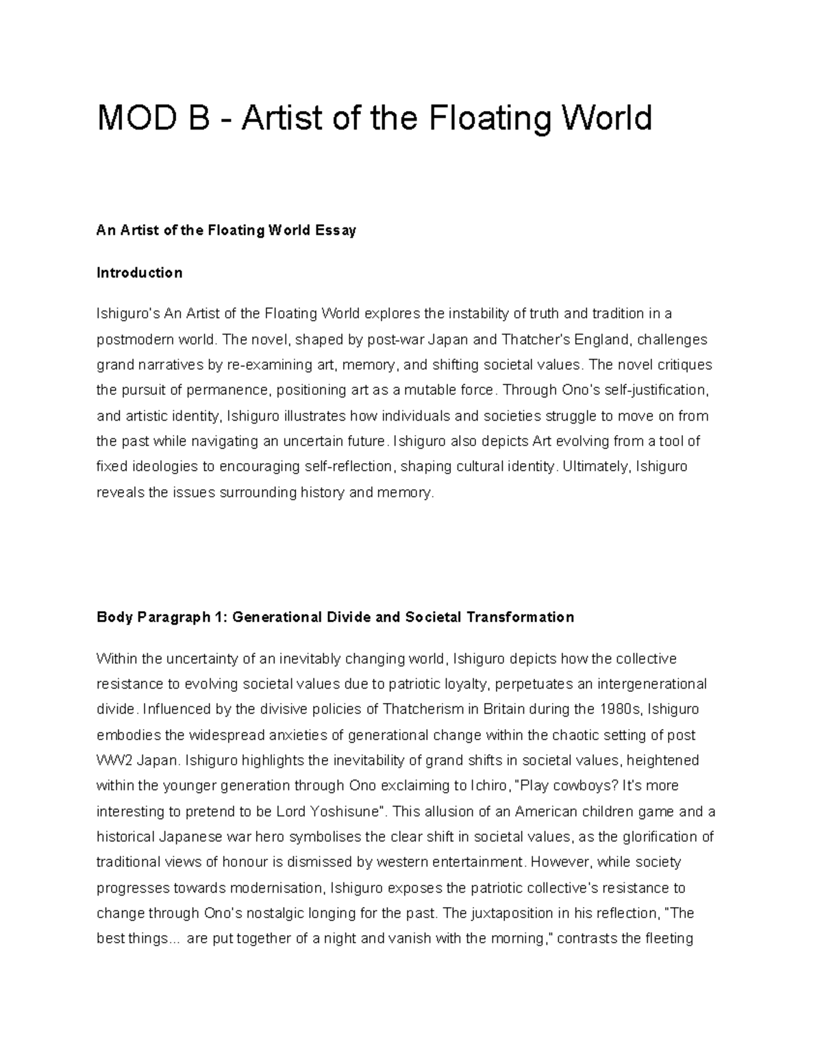 MOD B - An Artist of the Floating World Essay Analysis - Studocu