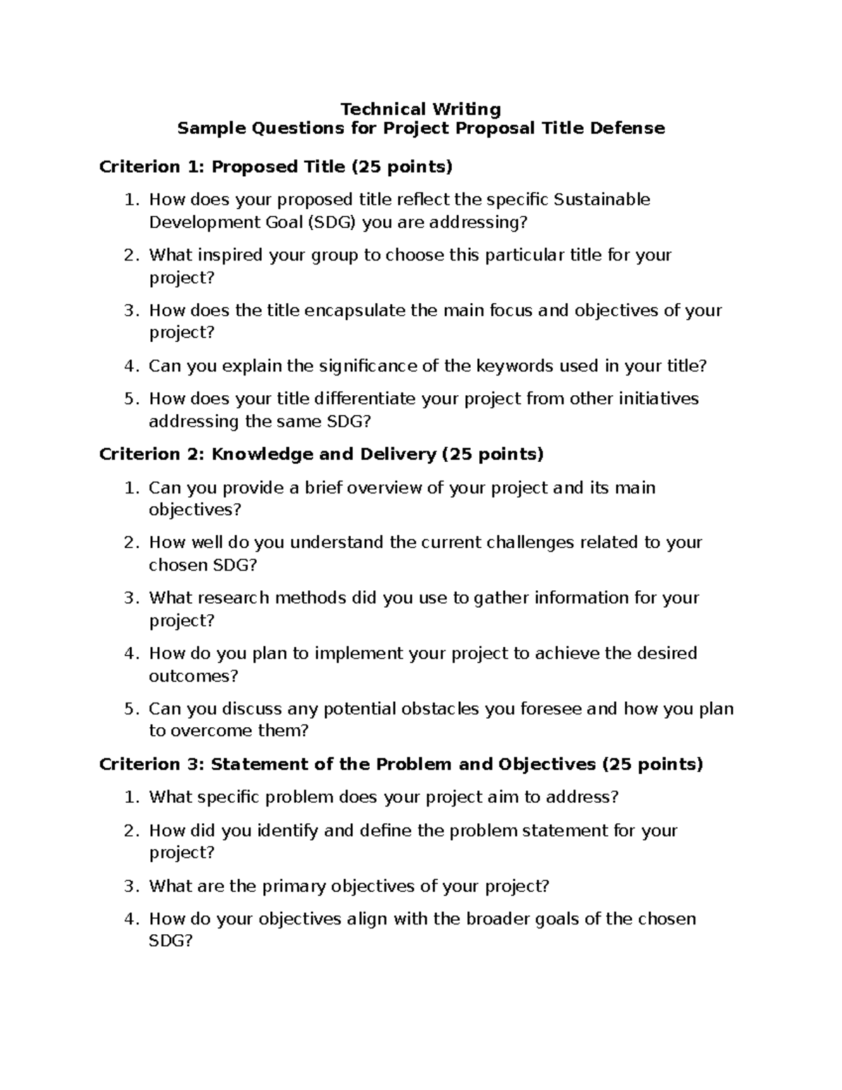 Sample Questions for Project Proposal Defense in Technical Writing ...