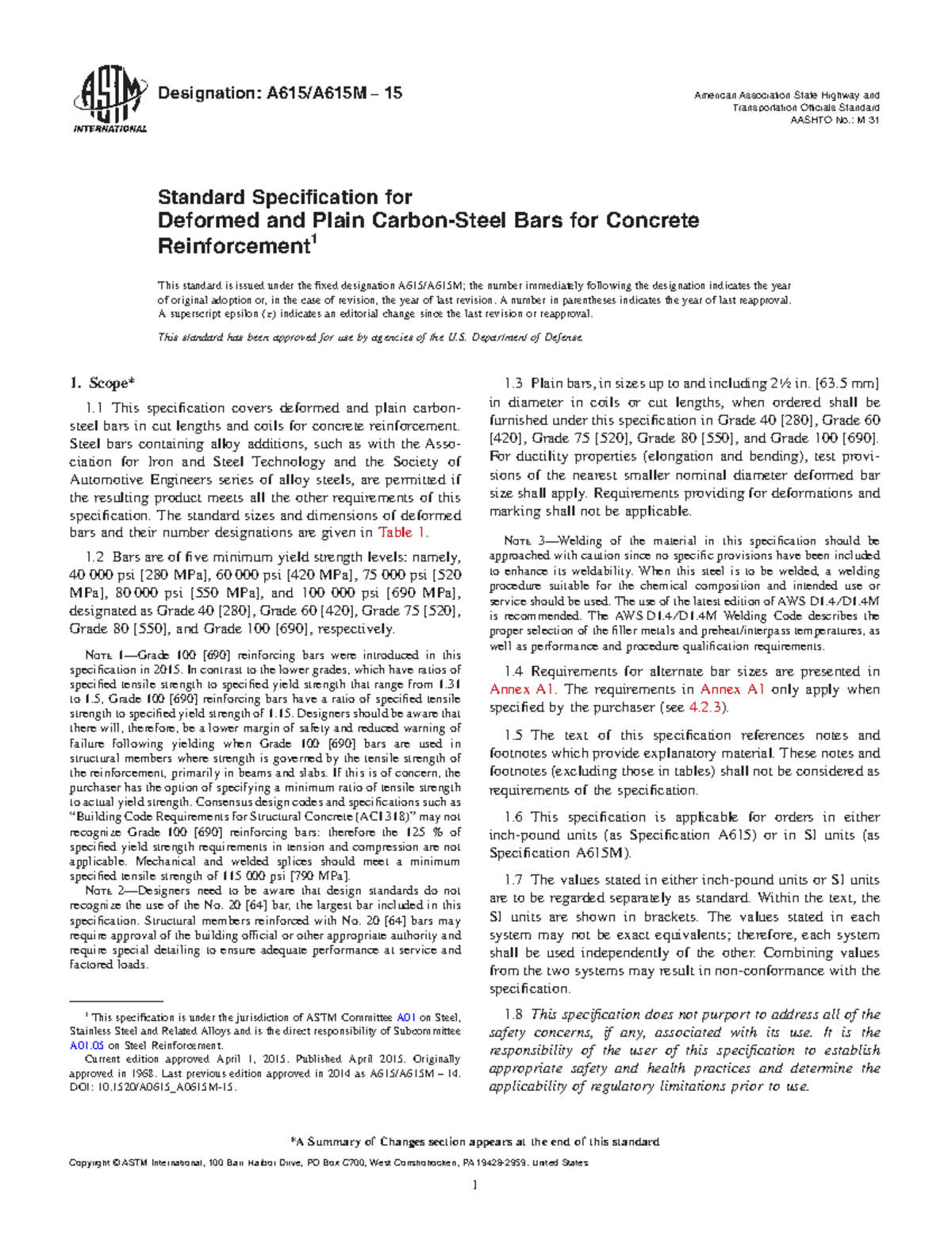 A615/A615M-15 Standard Spec for Deformed & Plain Steel Bars - Studocu