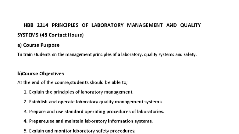HBB 2214 Principles of Laboratory Management & Quality Systems Notes ...