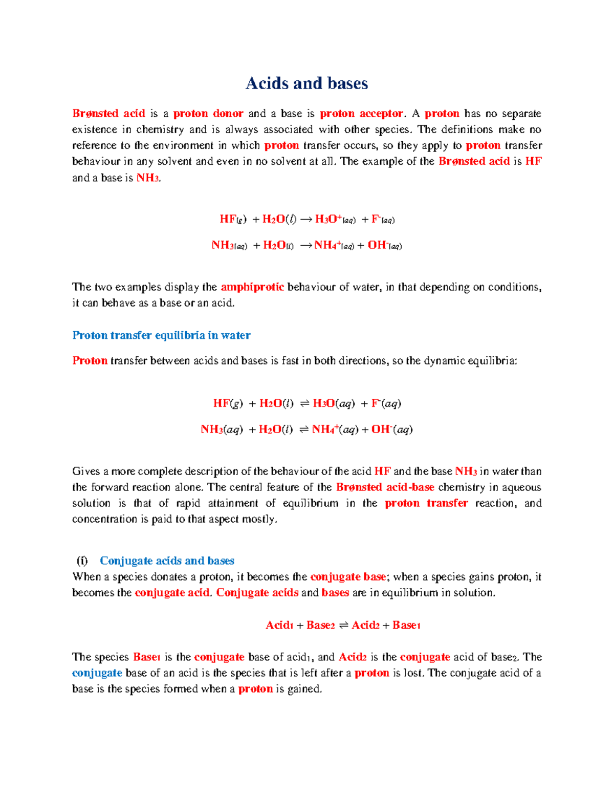 Brønsted Acids and Bases: Key Concepts and Equilibria Notes - Studocu