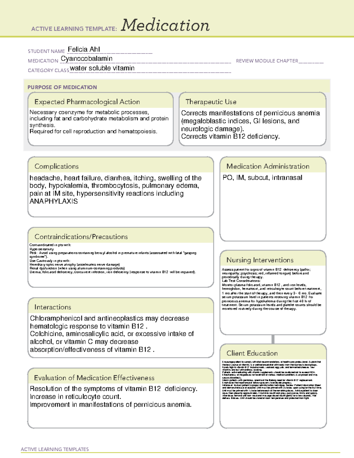 Cyanocobalamin (Vitamin B12) Drug Card: Active Learning Template - Studocu