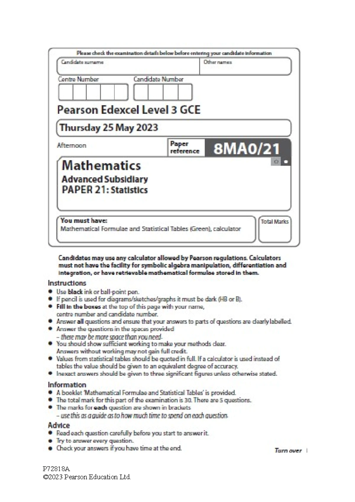 8MA0 02 Statistics and Mechanics MS - Mark Scheme (Results) Summer 2018 Pearson Edexcel GCE AS ...