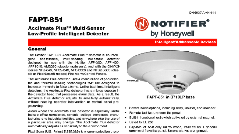 Notifier Acclimate Plus Smoke Detector Overview (FAPT 851) - Studocu