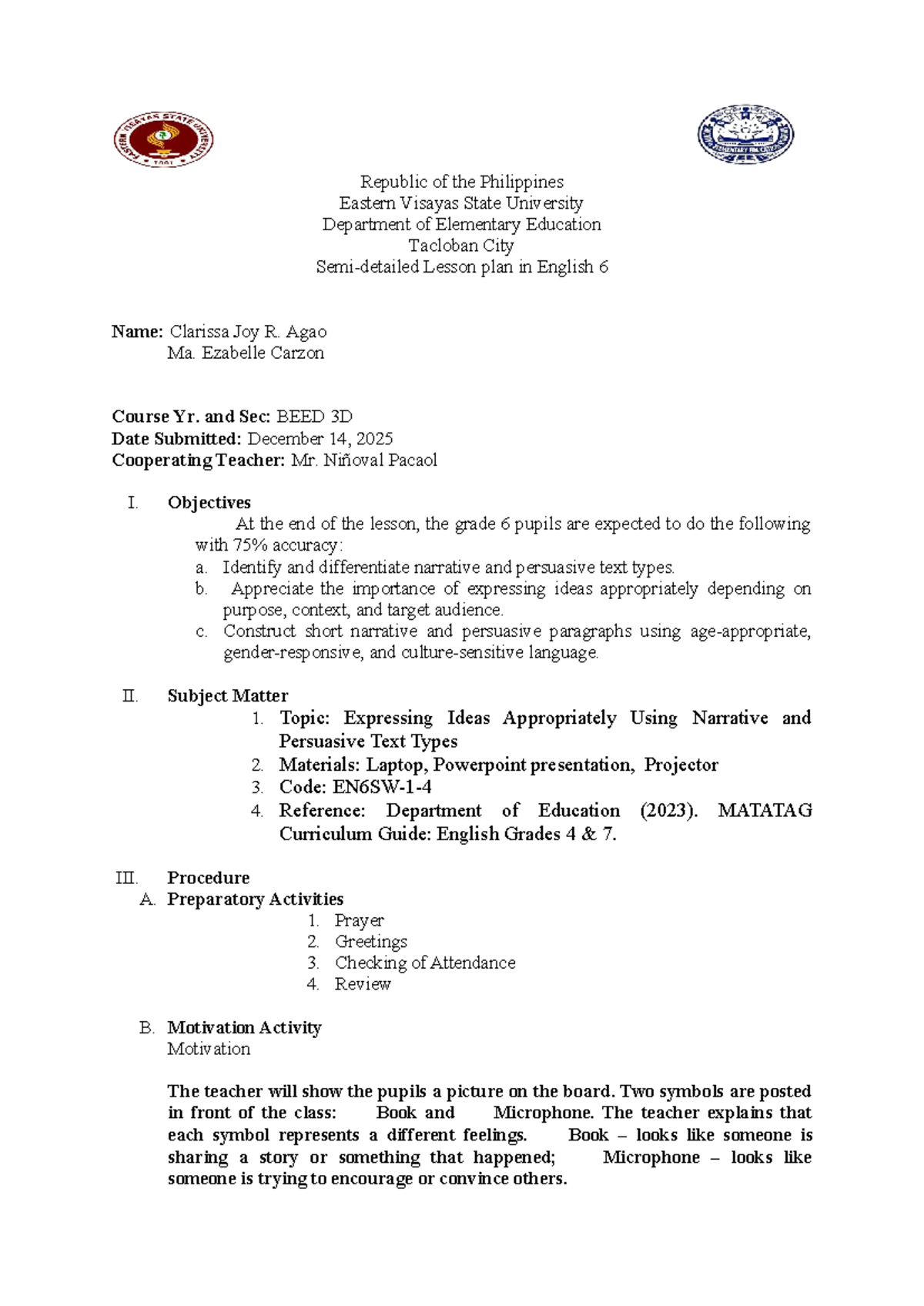 BEED 3D Lesson Plan: Narrative vs. Persuasive Texts - Studocu