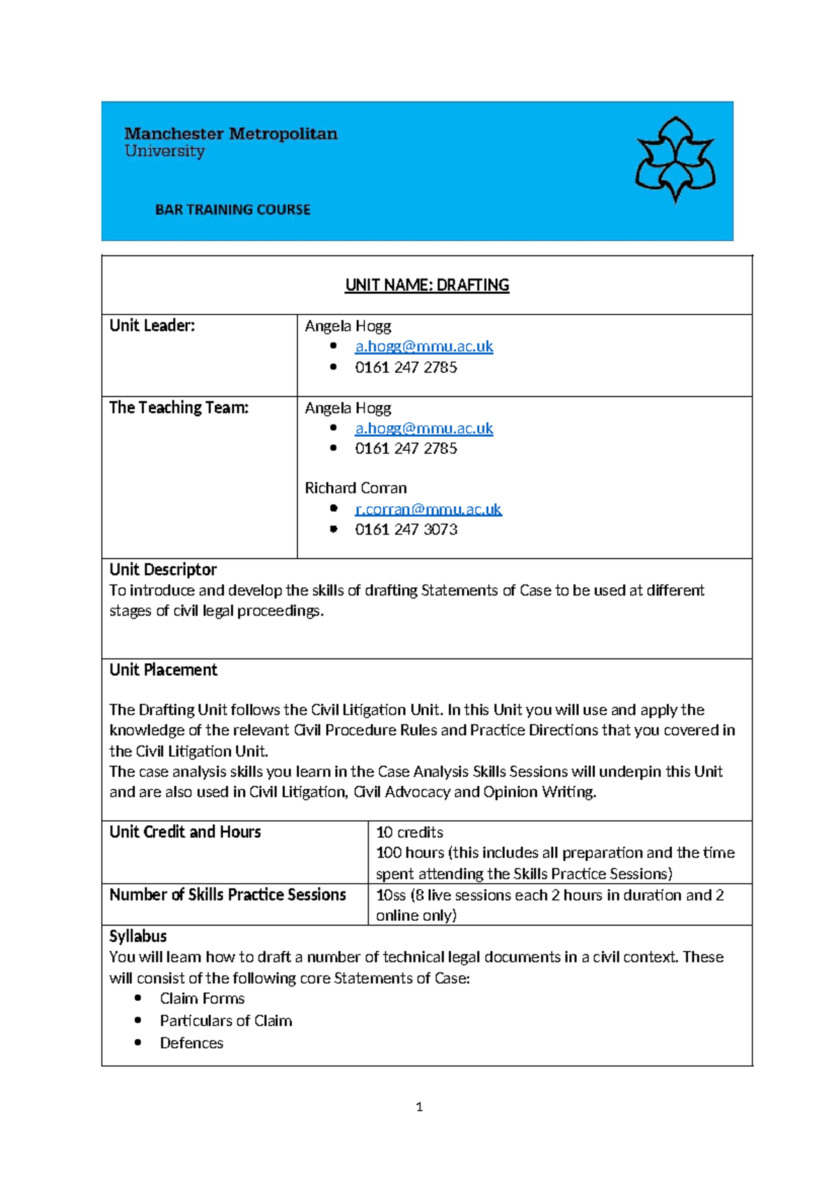 Drafting Unit Descriptor 2021: Skills for Civil Legal Proceedings - Studocu