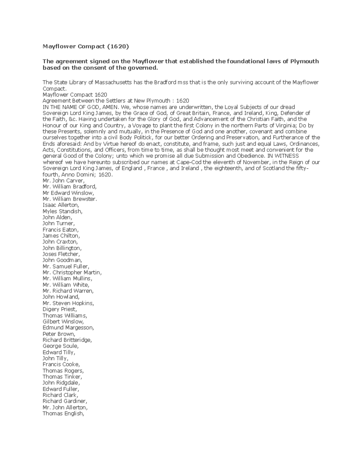 Mayflower Compact (1620): Foundational Agreement of Plymouth Colony ...