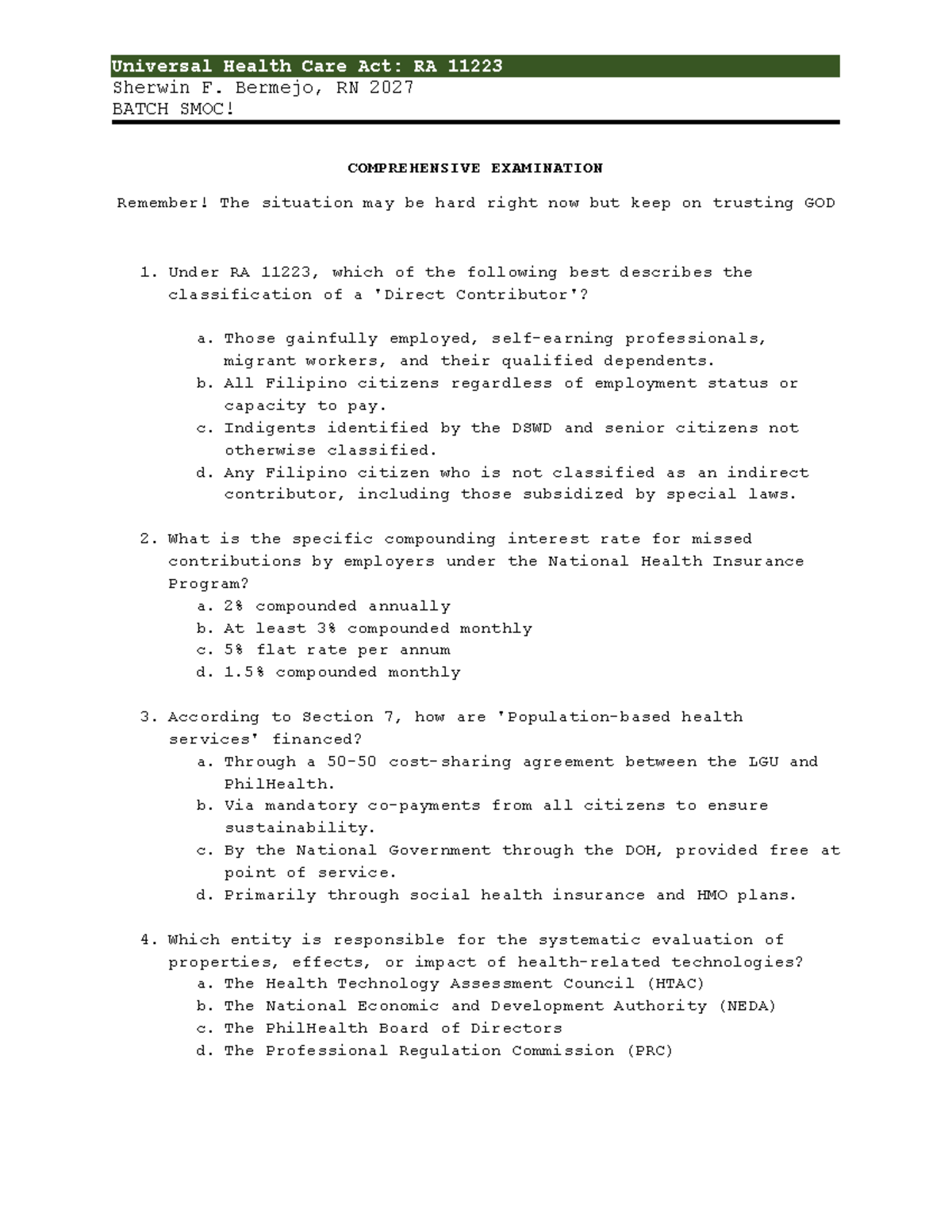 UHC RA 11223: Comprehensive Practice Exam for 2027 Batch SMOC - Studocu