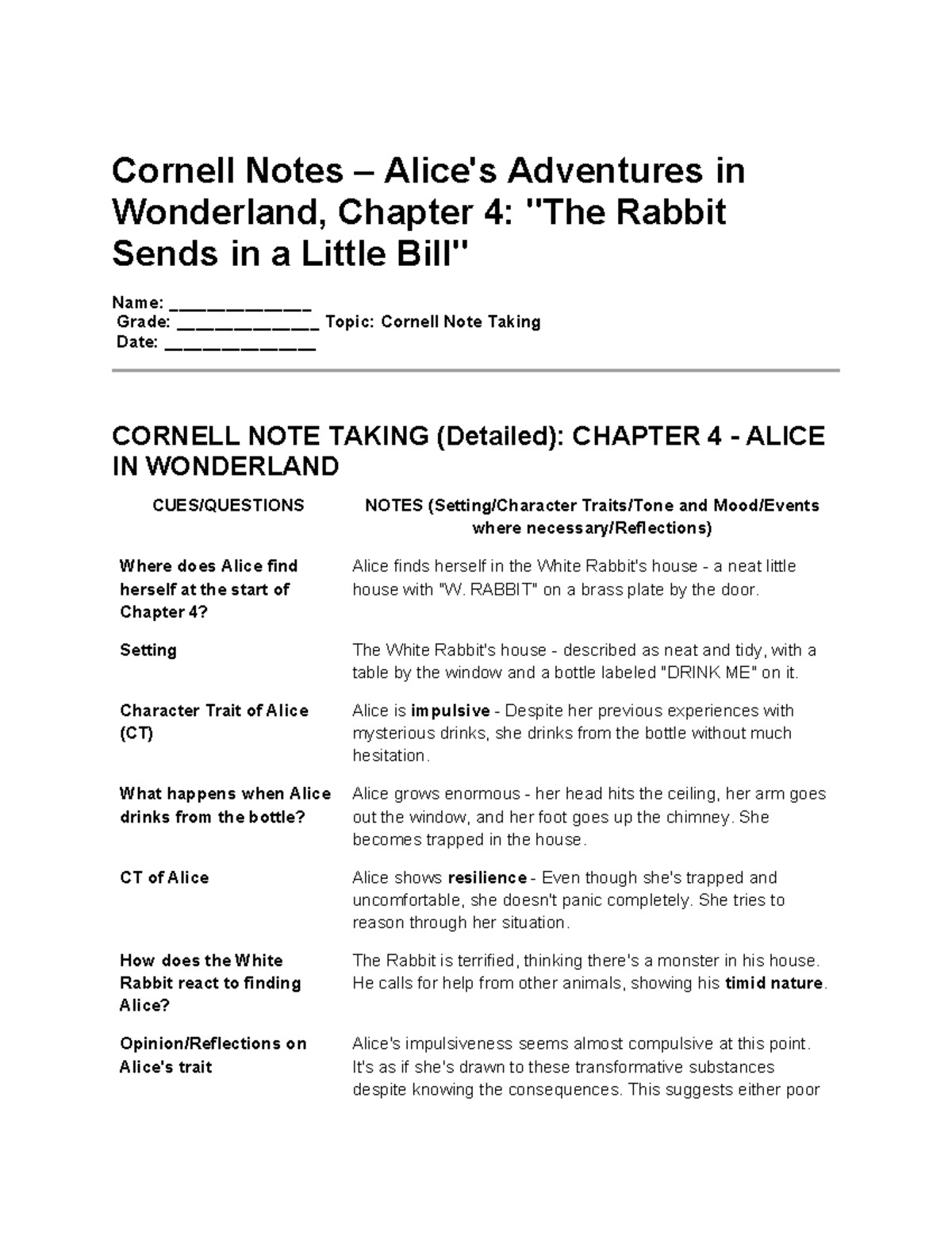 Cornell Notes – Alice's Adventures in Wonderland, Ch. 4: The Rabbit ...