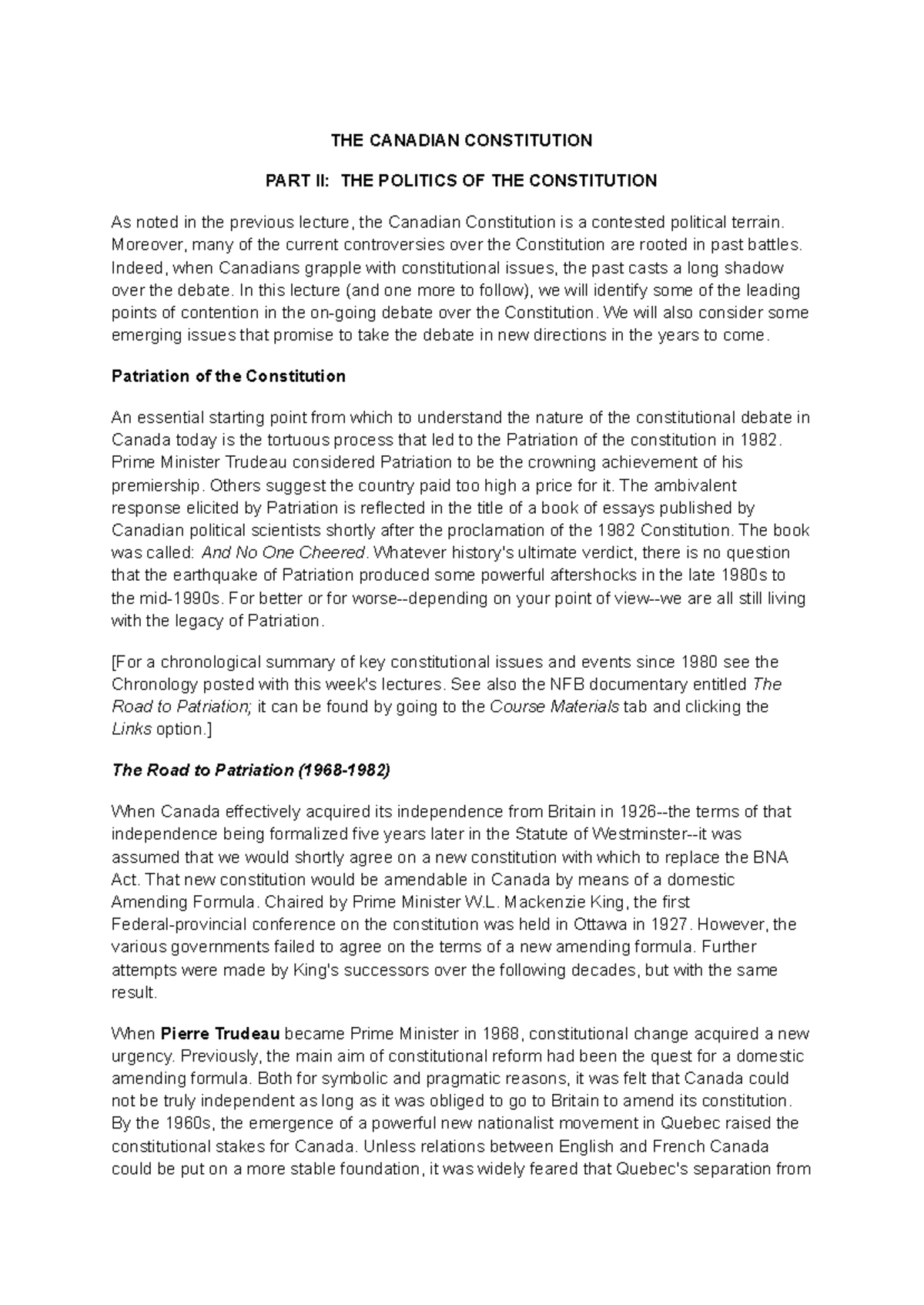 THE Canadian Constitution PART II THE Politics OF THE Constitution ...