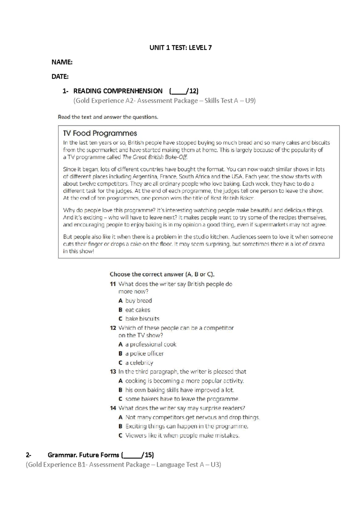 Level 7 - Unit 1 Test: Reading Comprehension & Grammar 2025 - Studocu