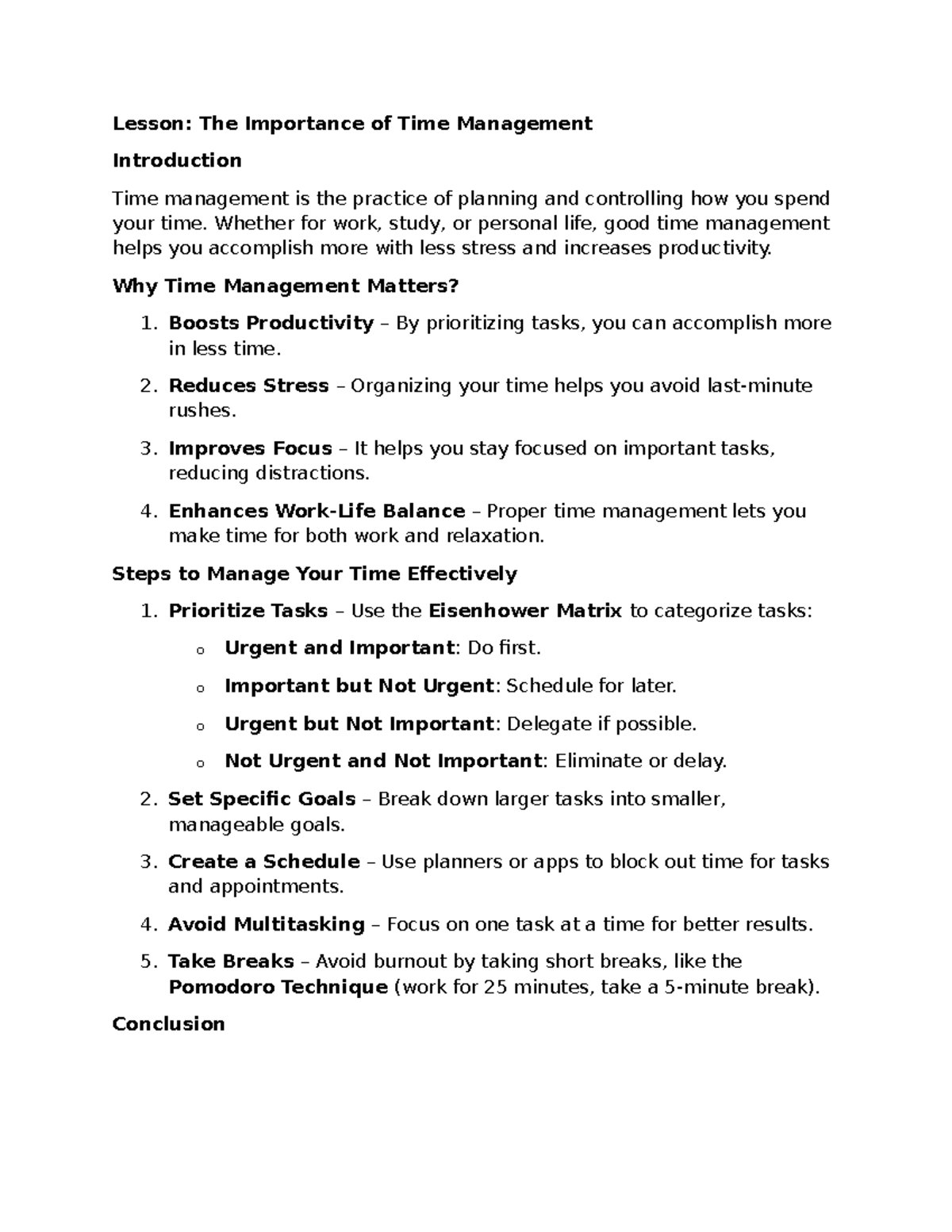 Lesson 3 - Lesson: The Importance of Time Management Introduction Time ...