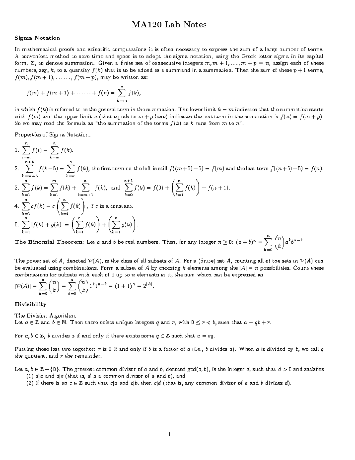 MA120 Lab Notes: Understanding Sigma Notation and Its Properties - Studocu
