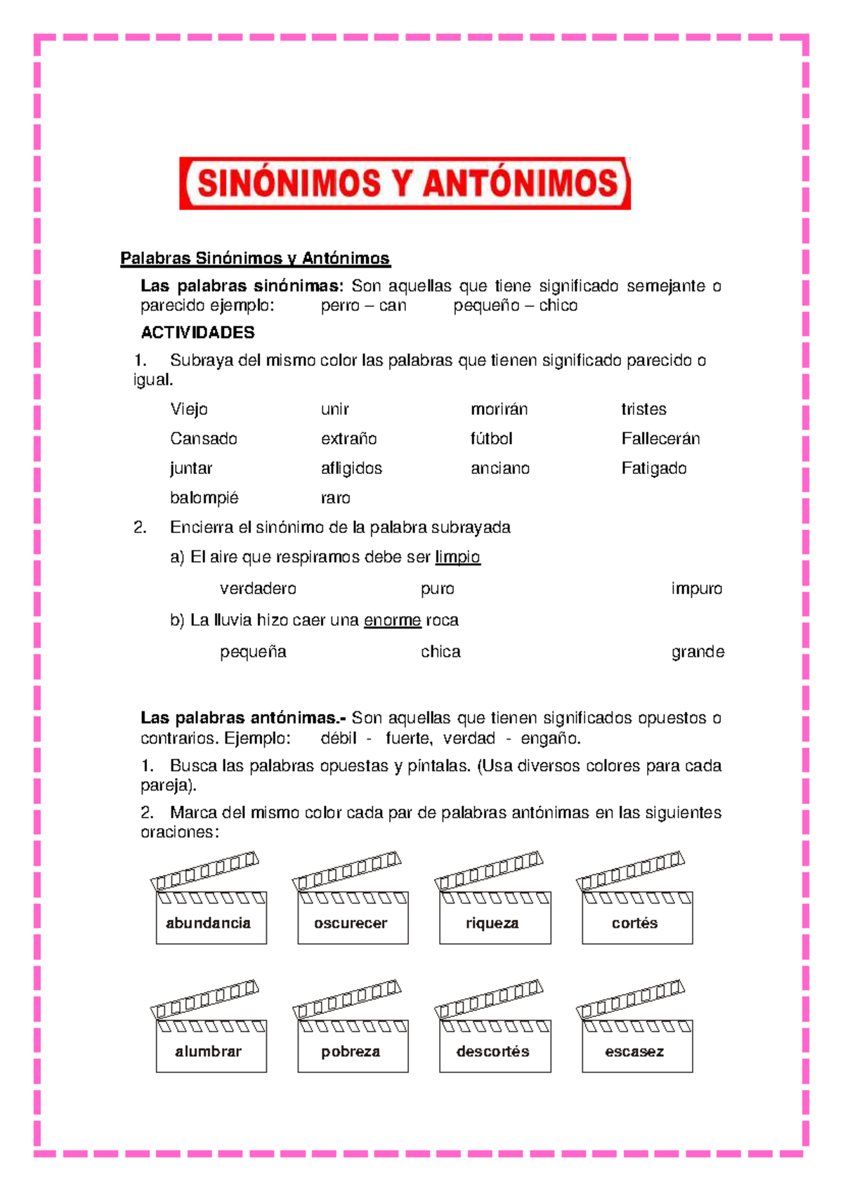 Sinonimos y Antonimos para Tercer Grado - Actividades Primaria - Studocu