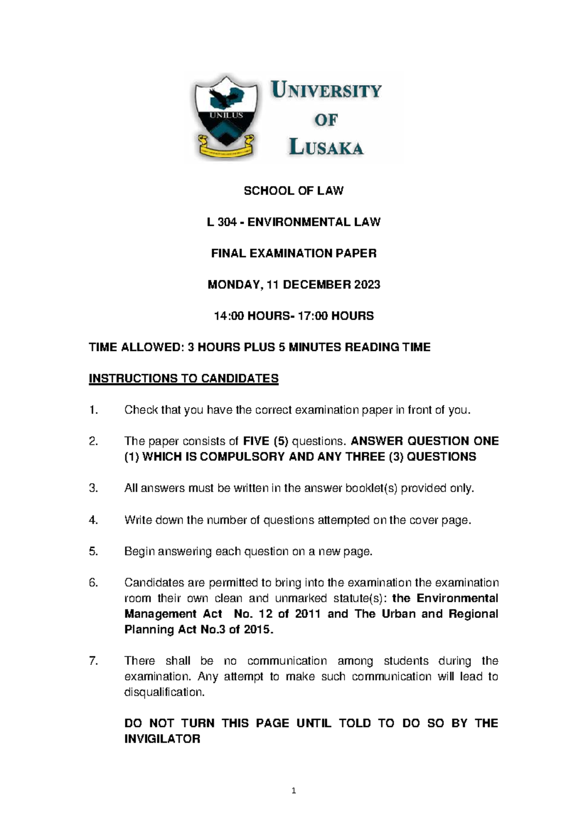 L304 2023 Semester 2 Final Exam: Environmental Law Paper - Studocu