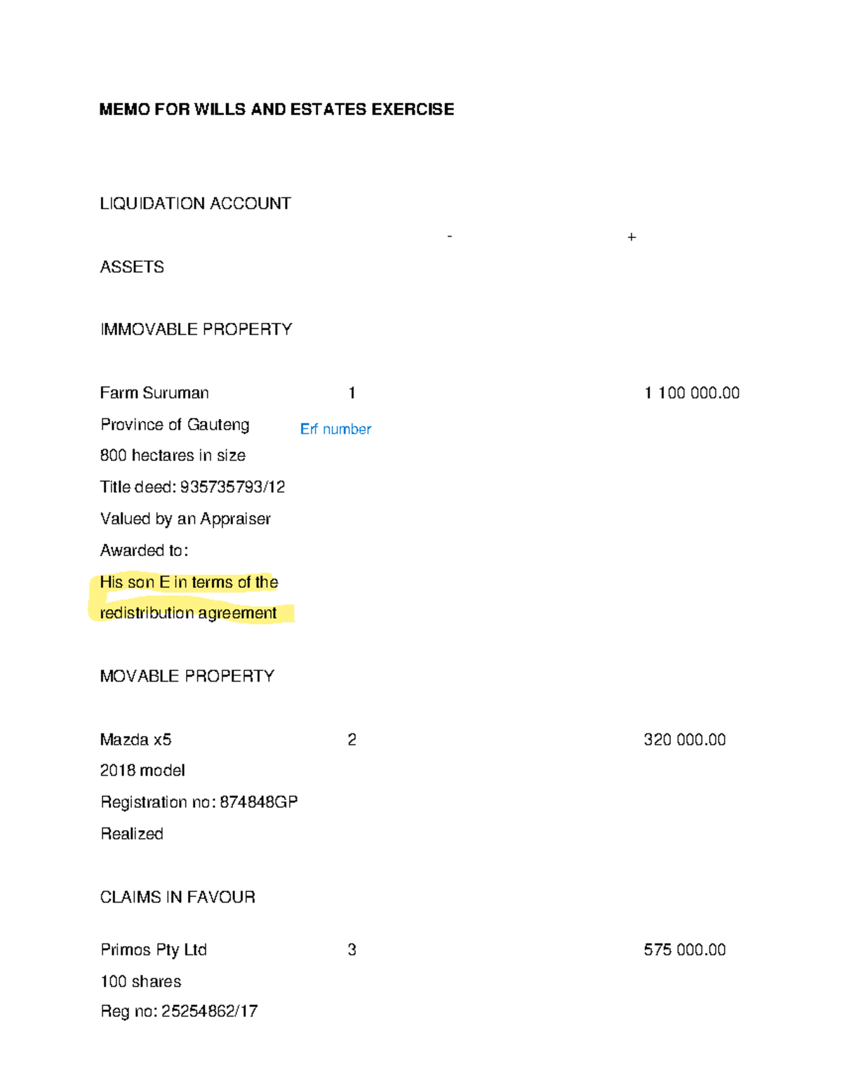 Wills and Estates MEMO for Exercise 2: Liquidation and Distribution ...