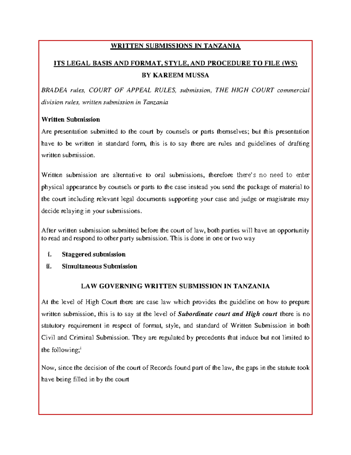 Written Submissions in Tanzania: Legal Basis, Format & Procedure (WS ...