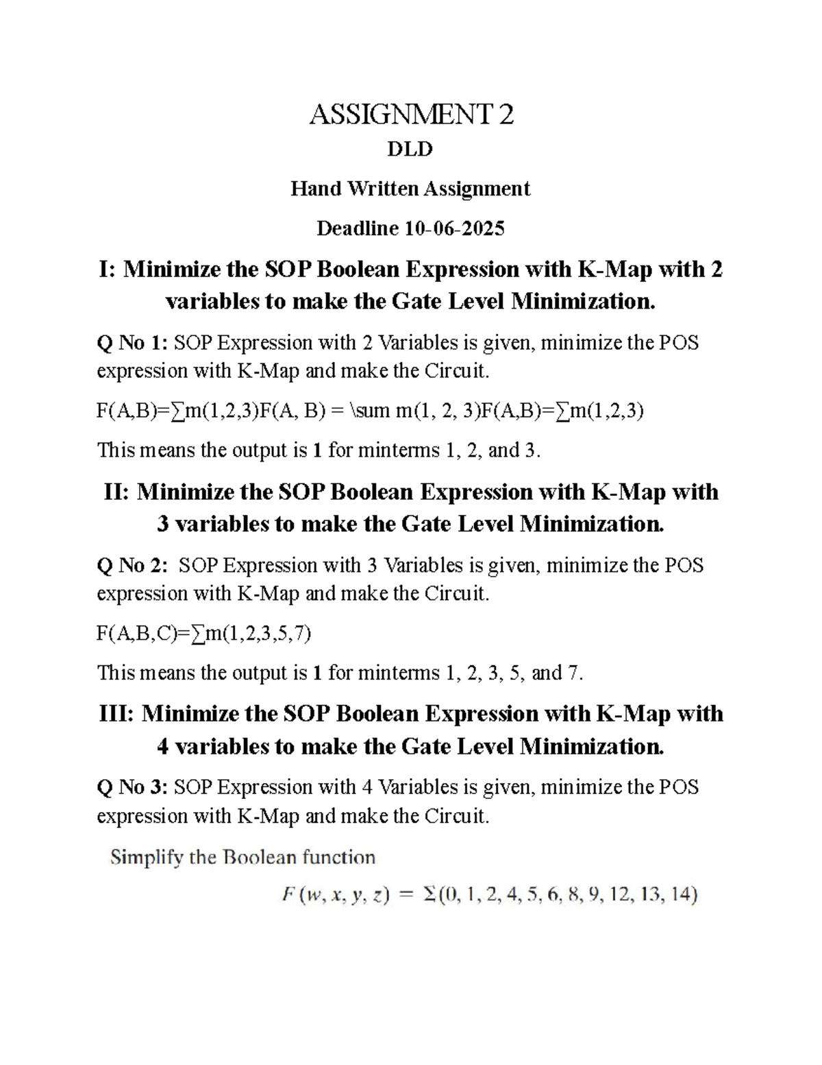 Assignment 2 DLD: Gate Level Minimization of SOP Expressions - Studocu