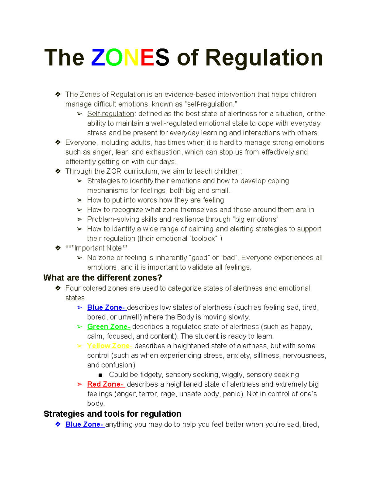 ZOR 101: Understanding The Zones of Regulation - Parent Handout - Studocu