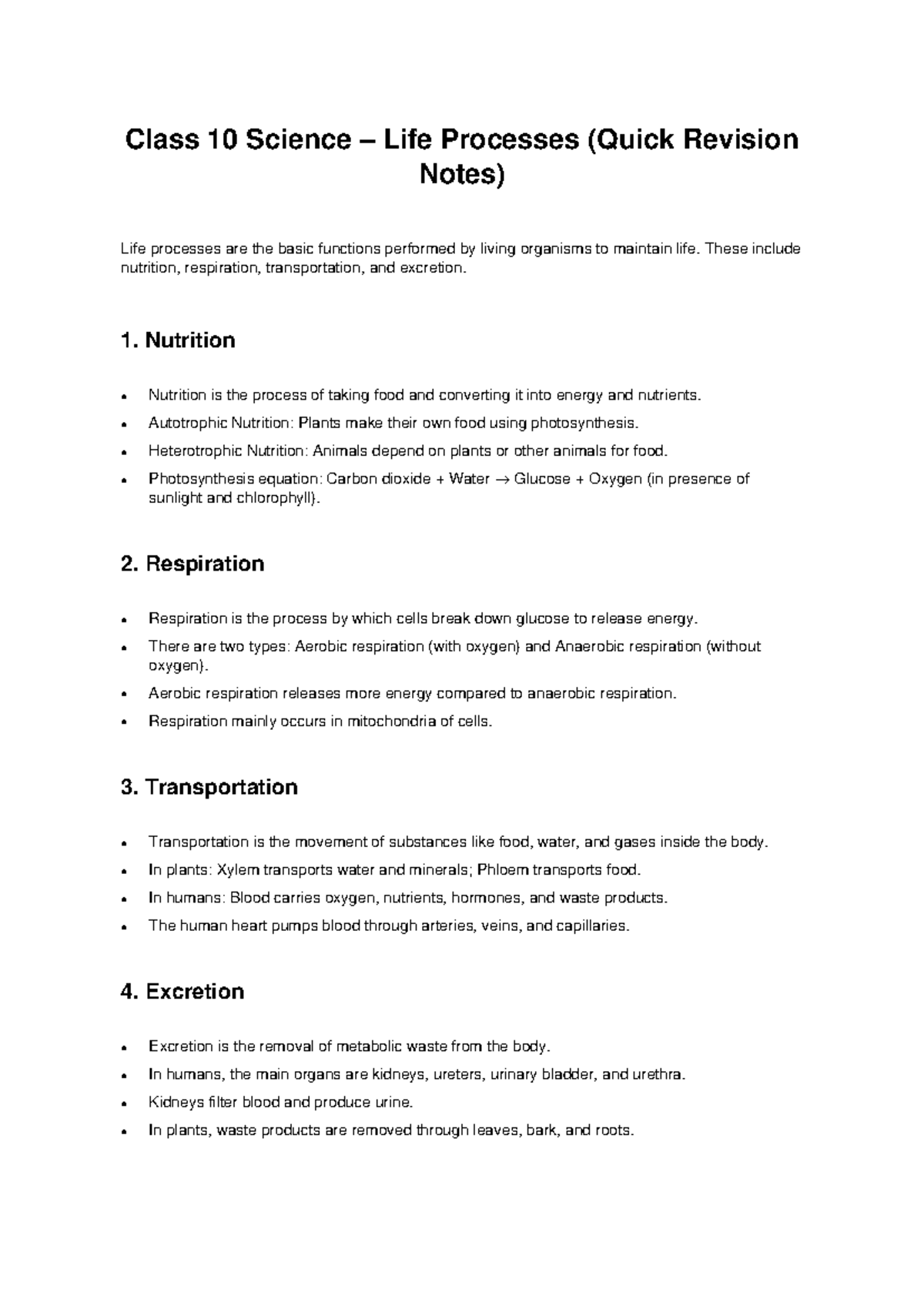 Class 10 Science Life Processes (Revision Notes) - Studocu