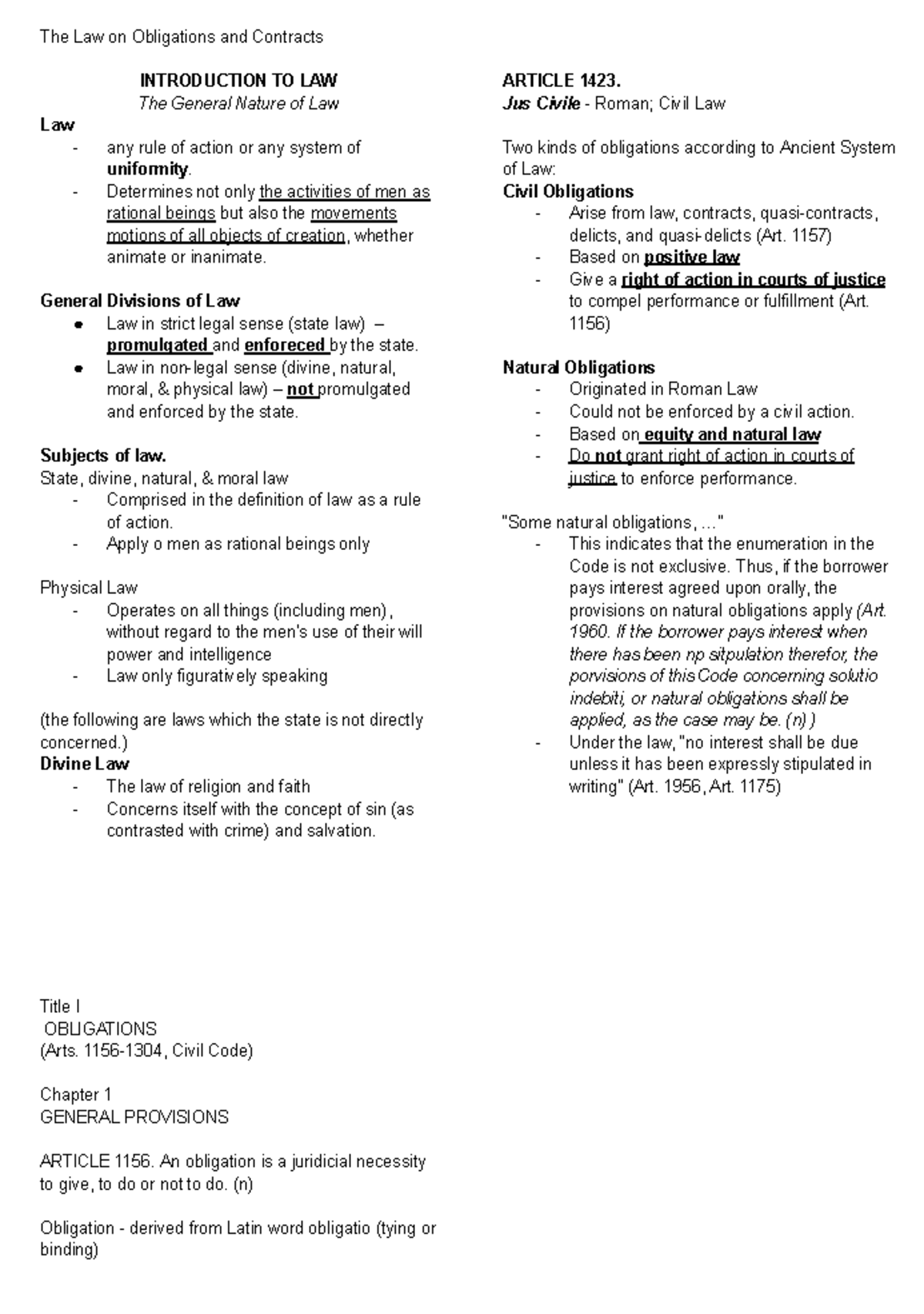 Oblicon notes - The Law on Obligations and Contracts INTRODUCTION TO ...