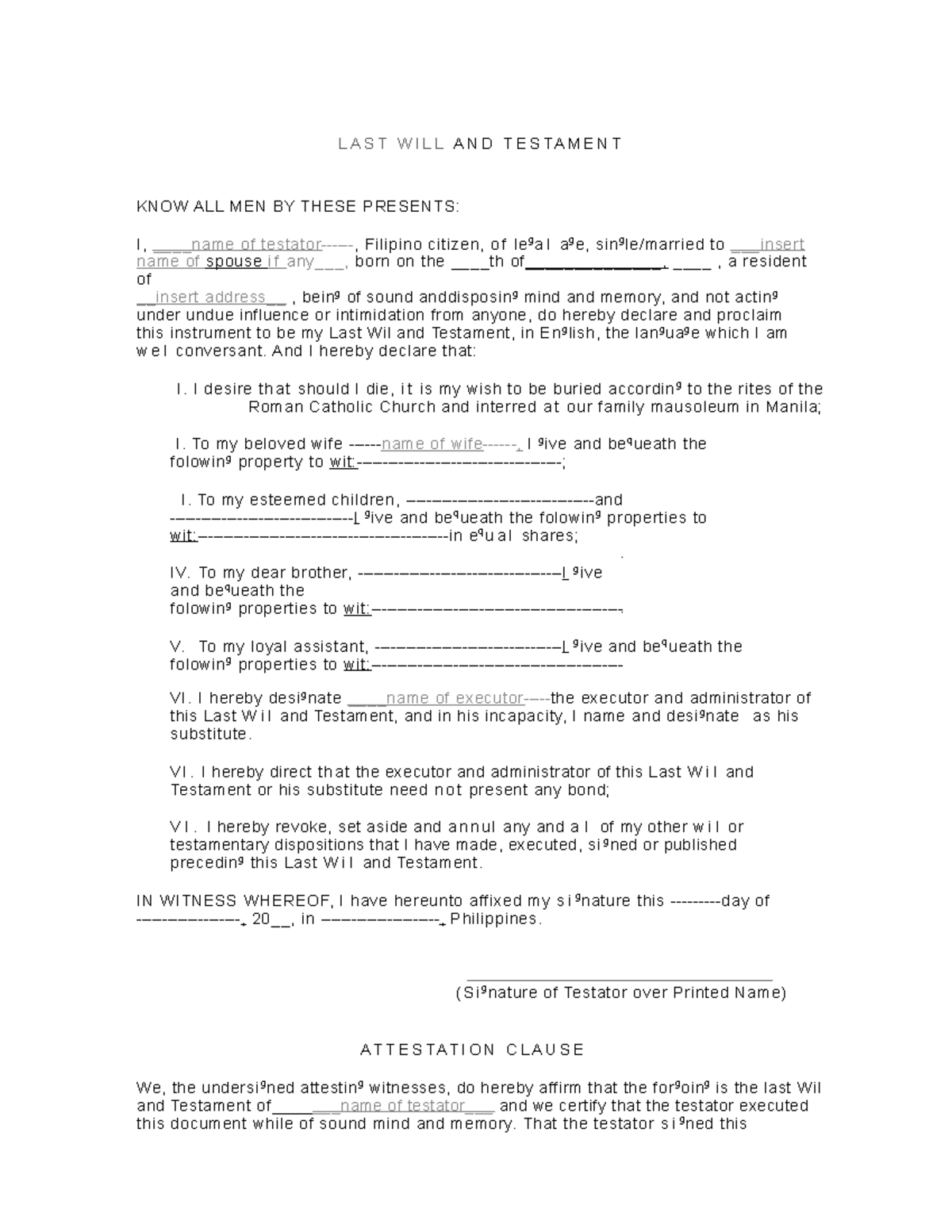 Sample Will and Testament - Philippines (Doc Code: 234834830) - Studocu