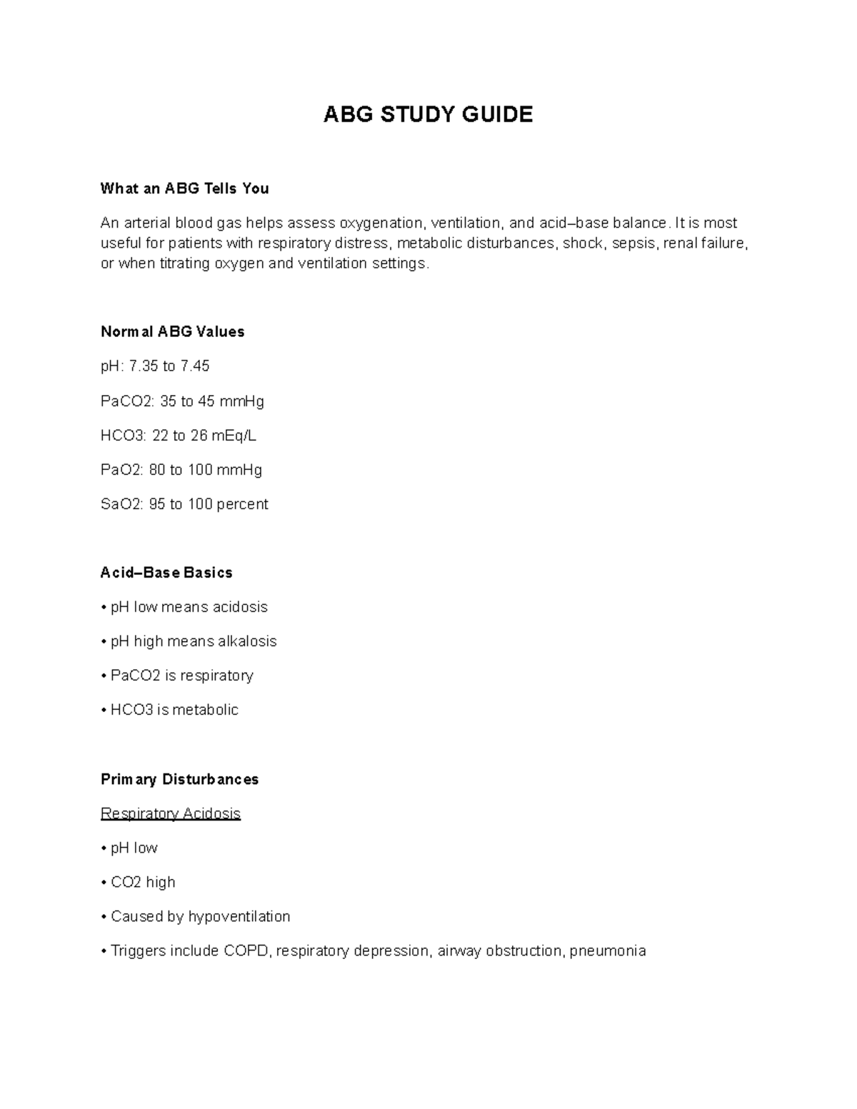 ABG Study Guide: Understanding Arterial Blood Gas Values and ...