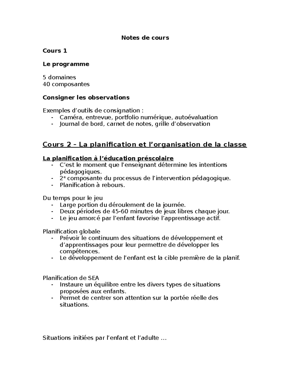 Cours 1 & 2: Programme et Planification en Éducation Préscolaire - Studocu