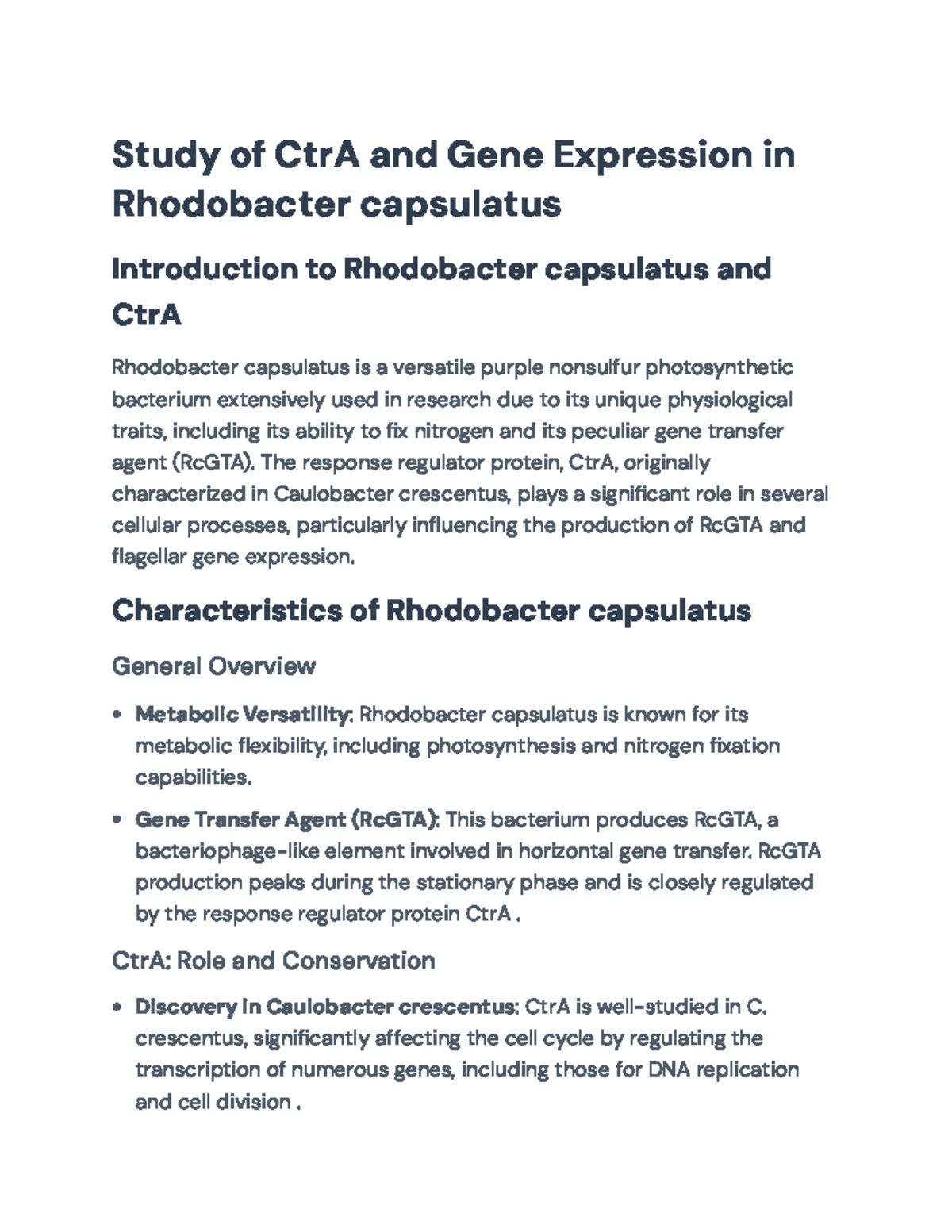 Study of CtrA Function and Gene Expression in Rhodobacter capsulatus ...