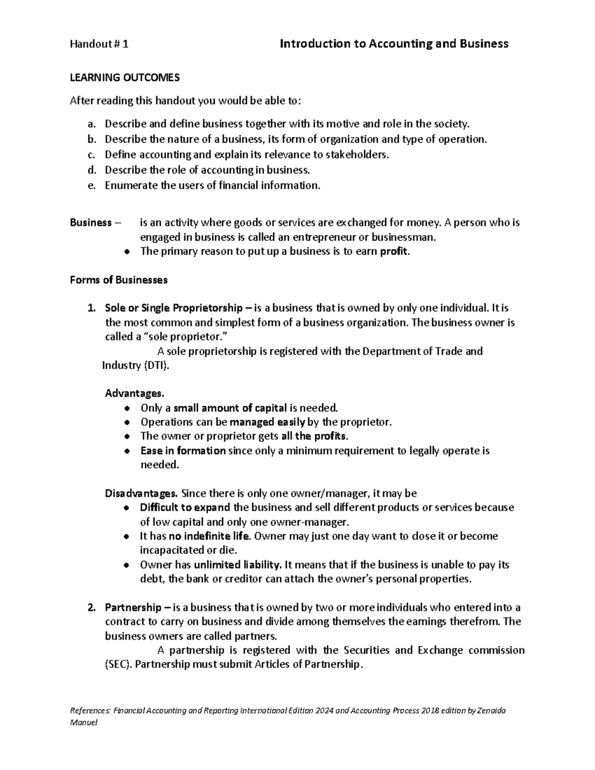 Handout 1: Intro to Business and Accounting - Key Concepts - Studocu