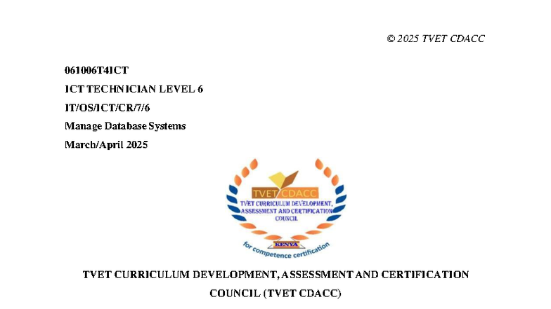 2025 TVET CDACC 061006T4ICT ICT Technician Level 6 Database Practical ...