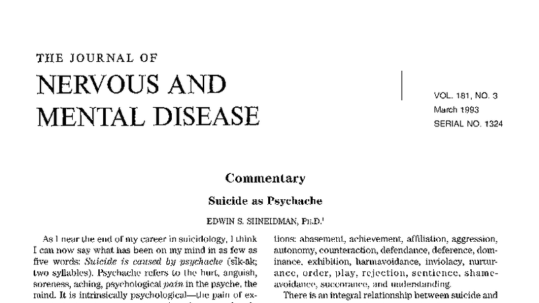 Shneidman - Commentary on Suicide as Psychache (Vol. 181, No. 3) - Studocu