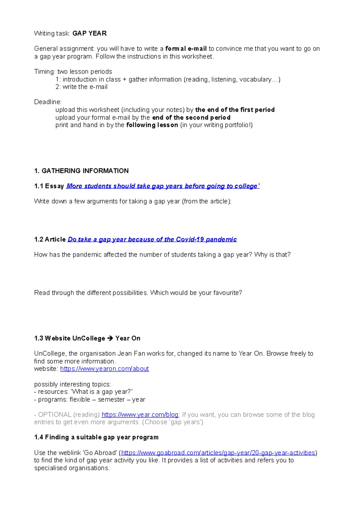 GAP YEAR Writing Task Assignment Instructions and Guidelines - Studocu