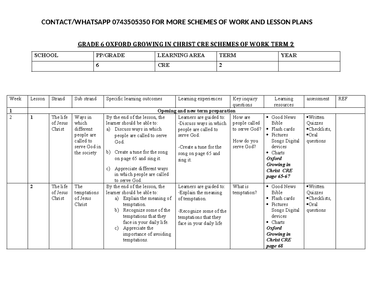 Grade 6 TERM 2 CRE Lesson Plans and Schemes @0743505350 - Studocu