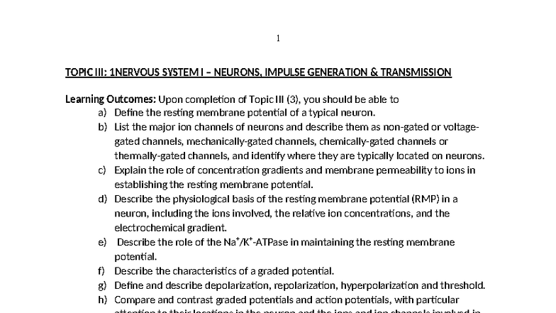 Topic III: Nervous System I - Neurons & Impulse Transmission - Studocu