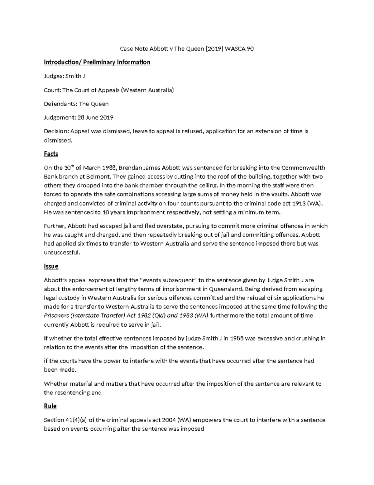 Case Note: Abbott v The Queen [2019] WASCA 90 - Understanding ...