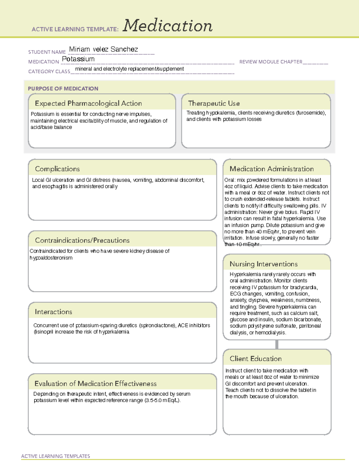 Active Learning Template: Potassium Medication Review Template - Studocu