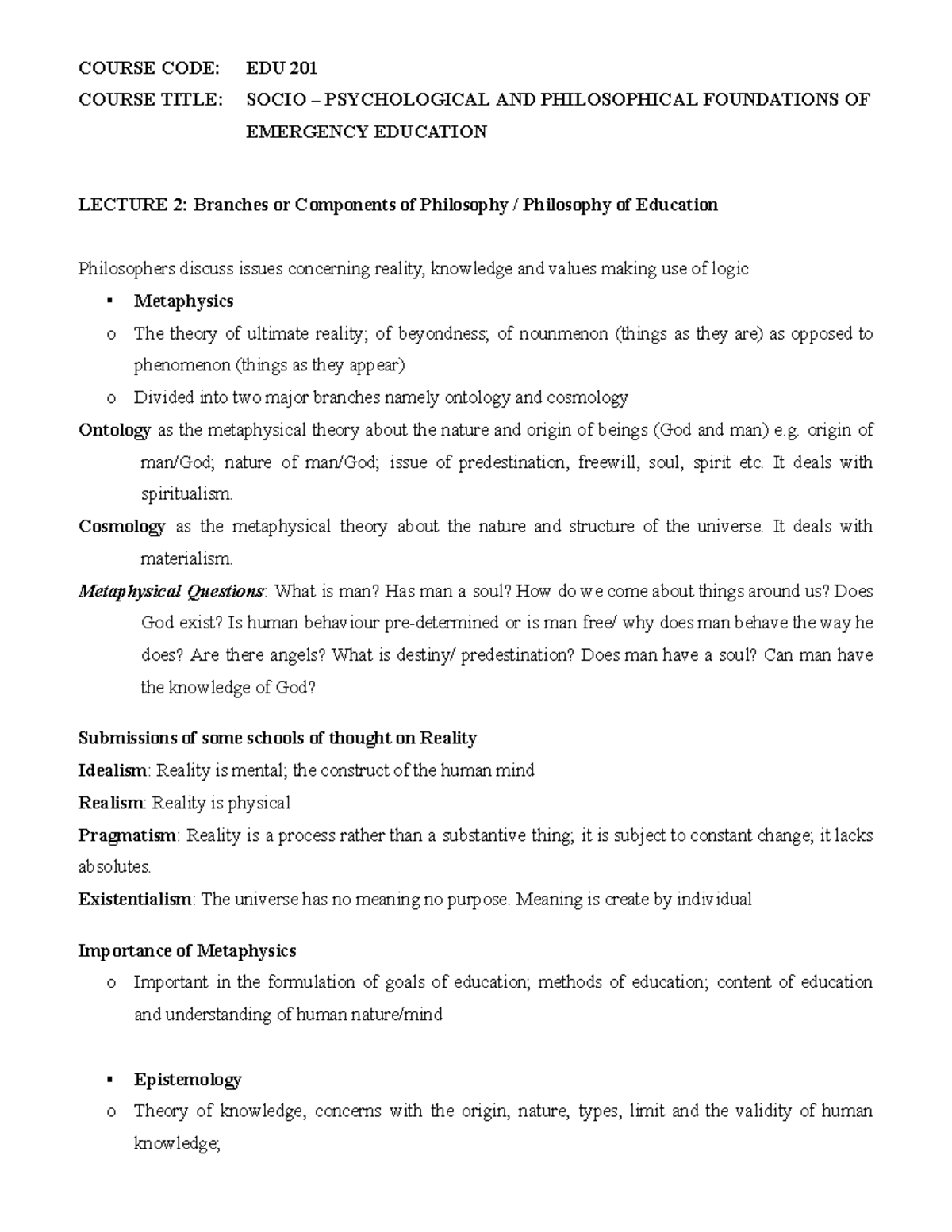 EDU 201 - Lecture 2: Foundations of Philosophy in Emergency Education ...