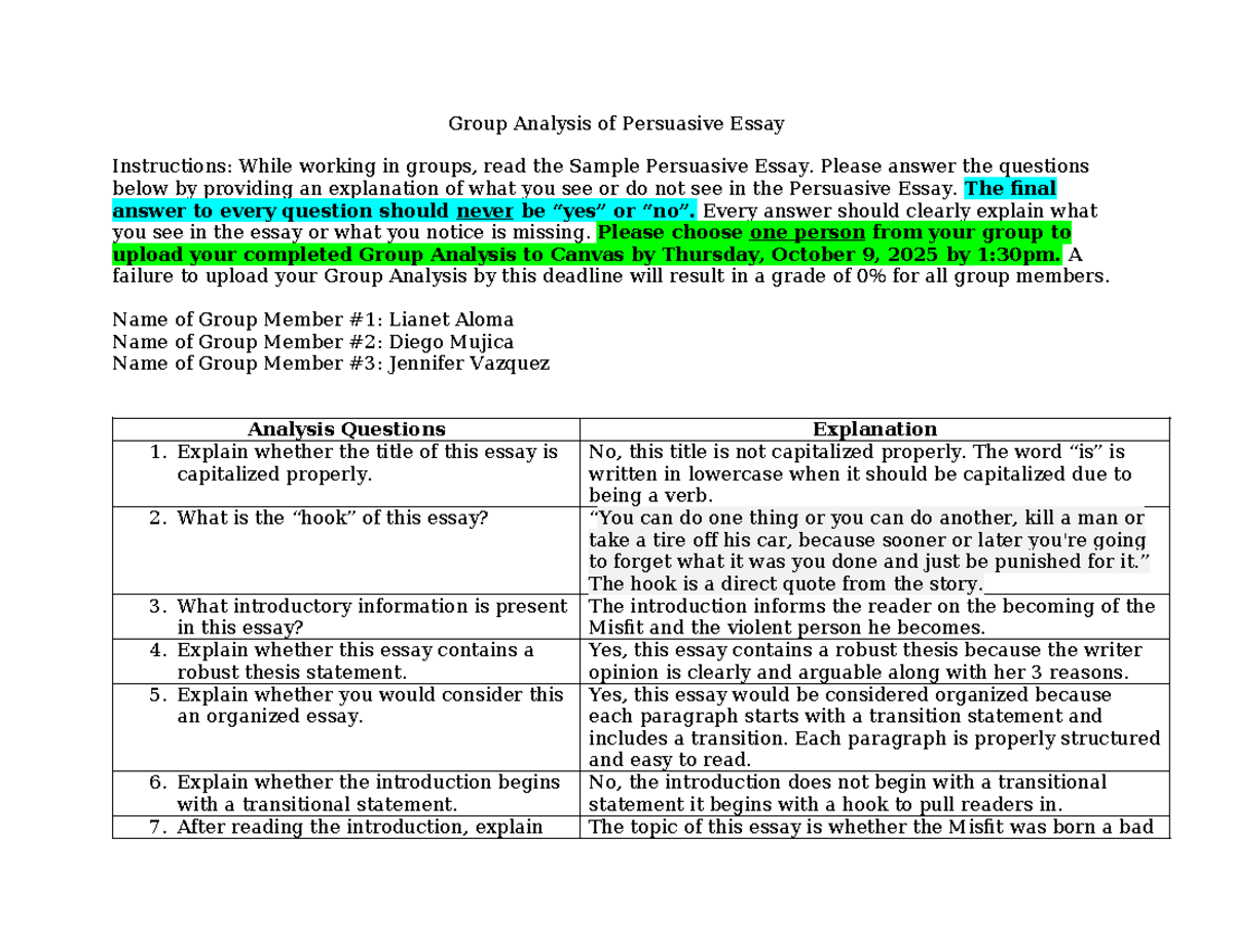 Group Analysis of Persuasive Essay Instructions (ENG 101) - Studocu