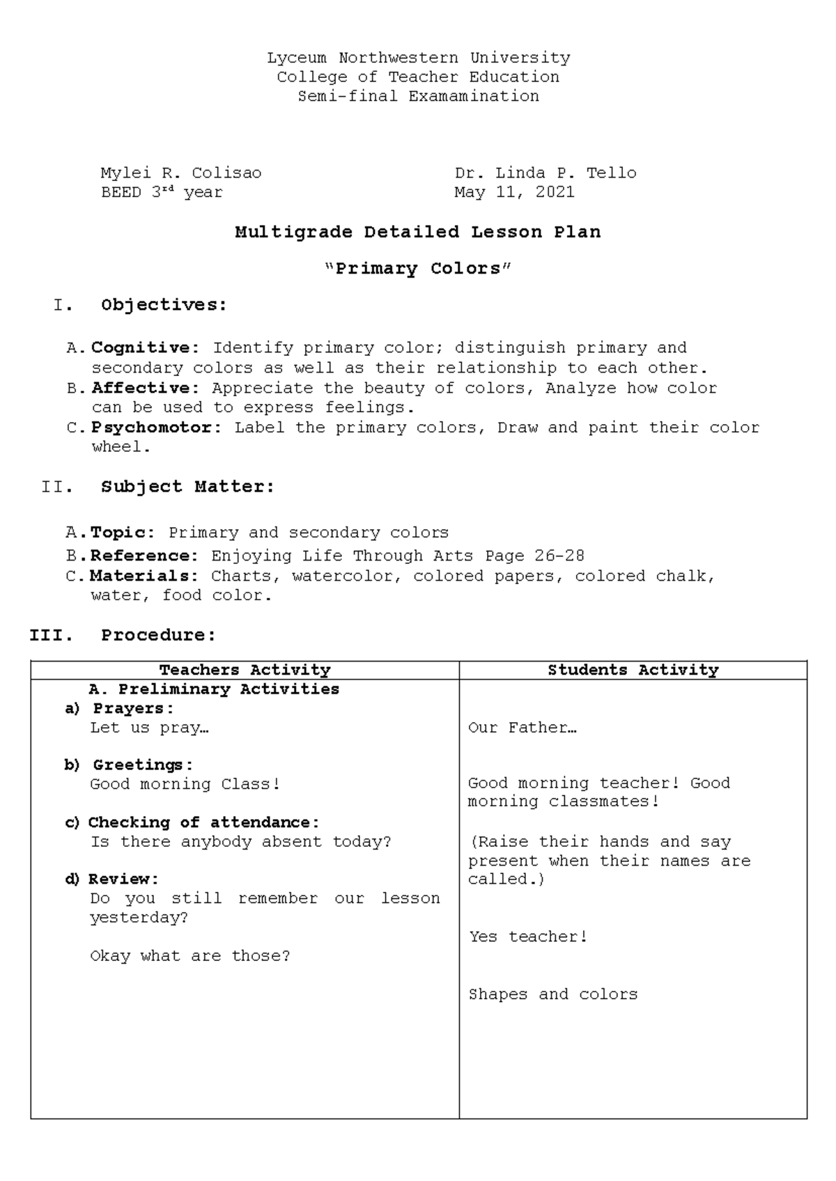 BEED 3rd Year Final Exam: Multigrade Detailed Lesson Plan on Colors ...