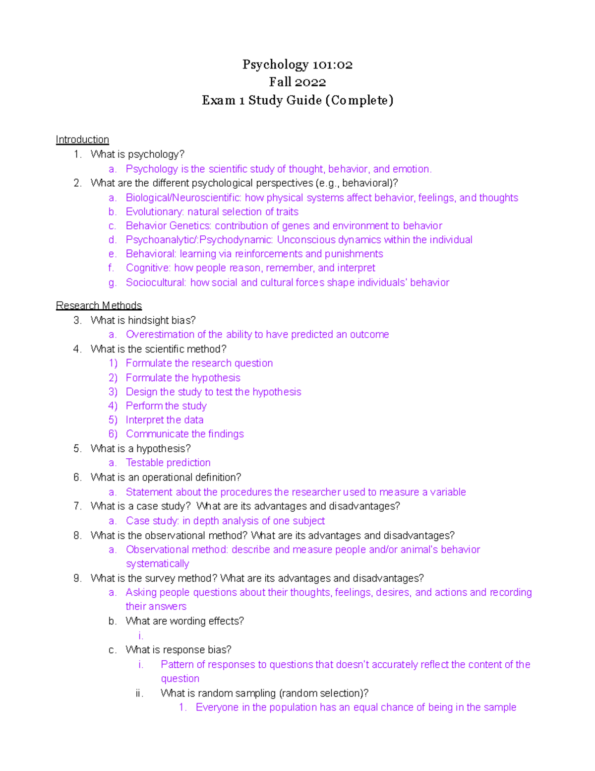 Psychology Exam 1 Review - Psychology 101: Fall 2022 Exam 1 Study Guide ...