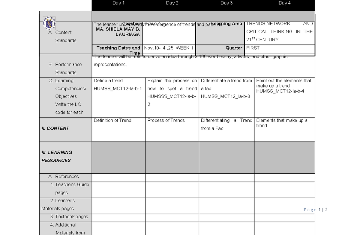 Trends and Patterns: Week 1 Activity Plan for HUMSS 12 - Studocu