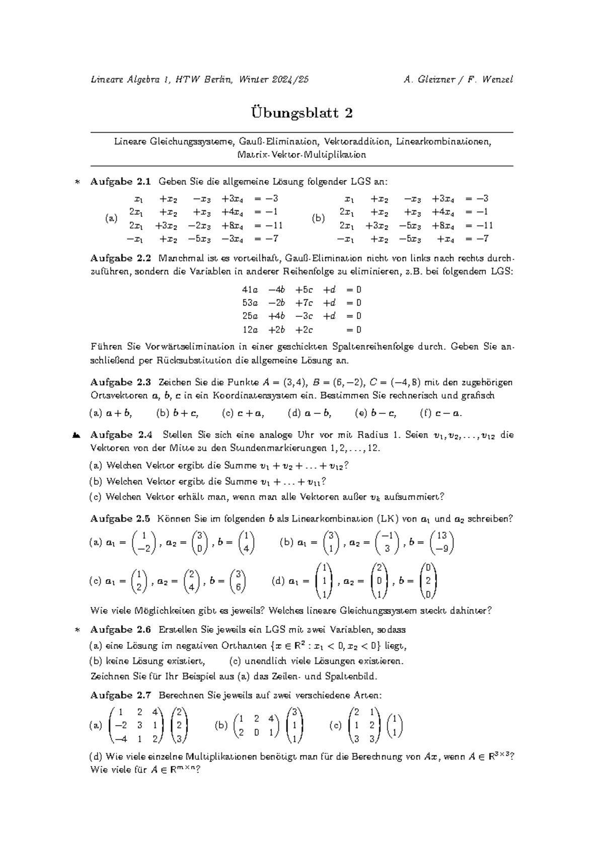 Lineare Algebra Uebungsblatt 02 mit Loesungen - Lineare Algebra 1, HTW ...
