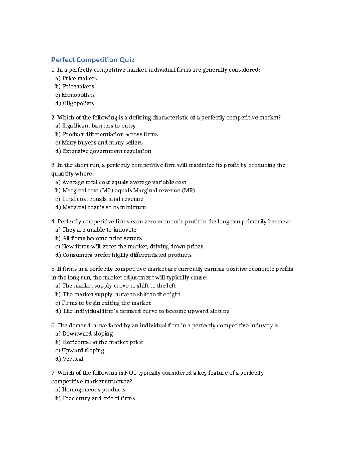 Perfect Competition Quiz 1: Key Concepts and Questions - Studocu